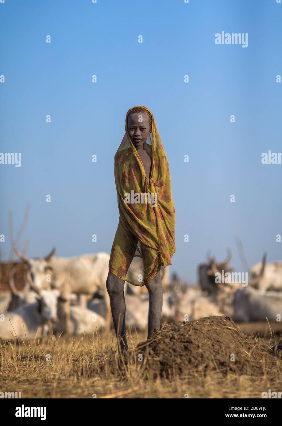 A Mundari tribe boy wrapped in blanket to fight the cold in a cattle camp, Central Equatoria ...