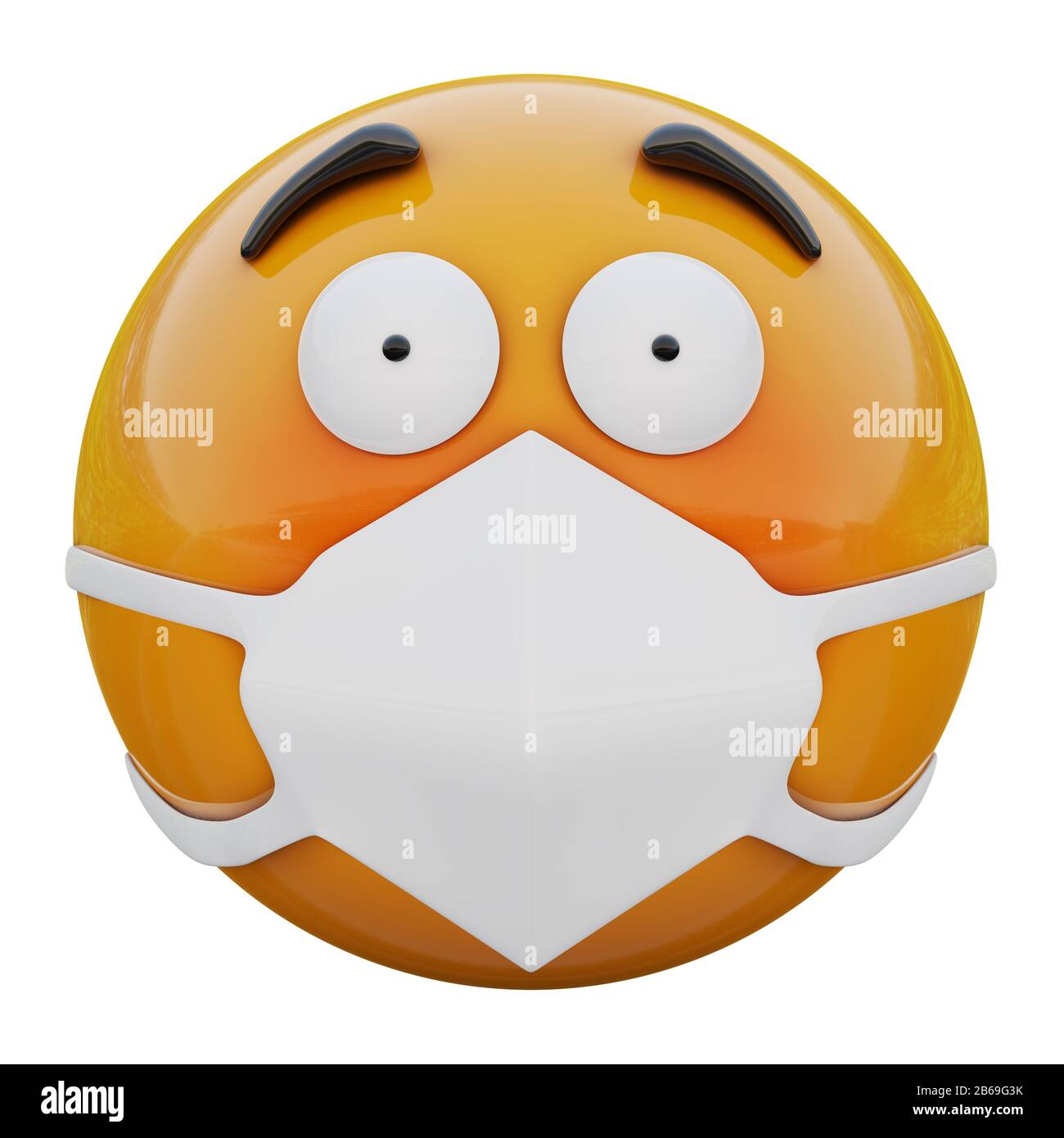 3D render of flushed and shocked emoji face in medical mask protecting ...