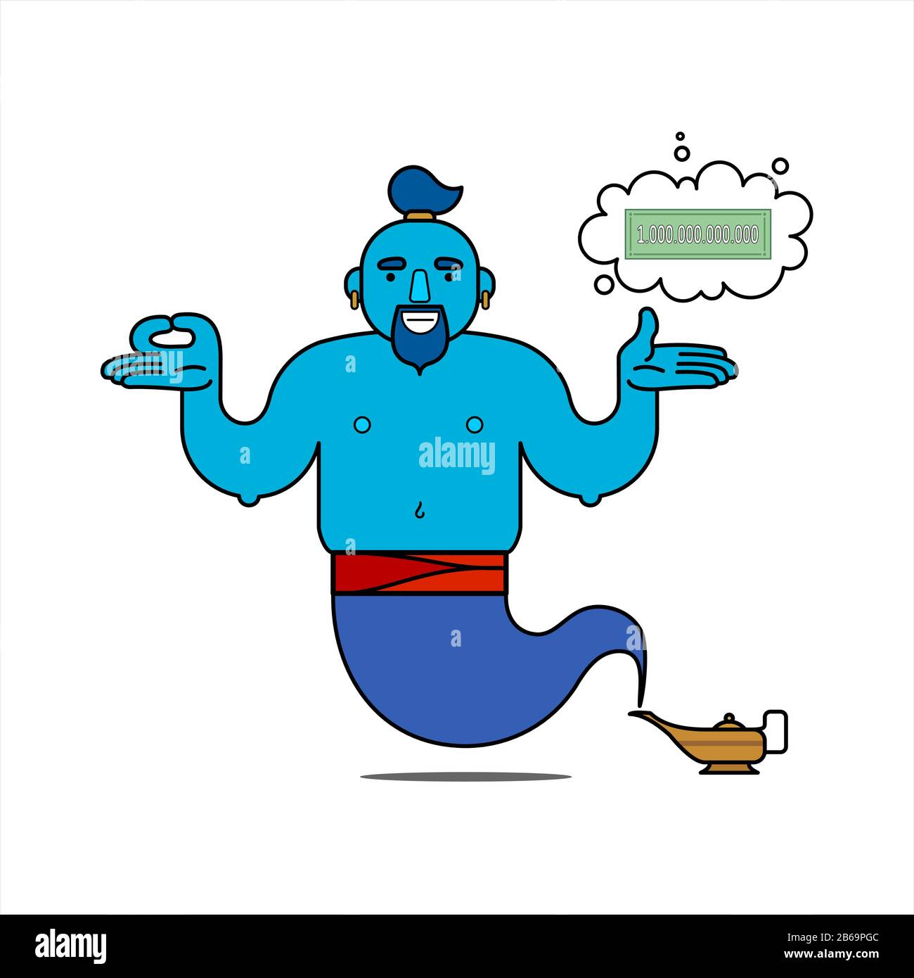 Blue genie from the lamp, cartoon character. The desire to be rich. The ...