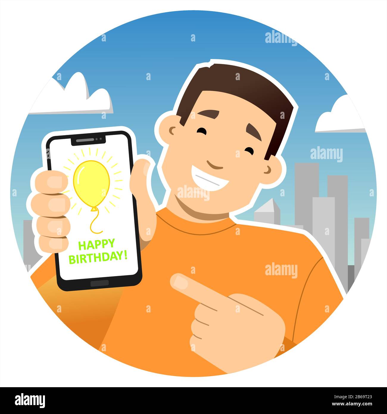 Happy birthday. Smiling guy with a phone. Shows the phone screen ...