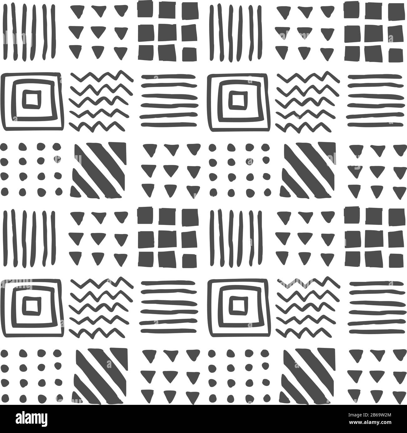 Vector Seamless Geometric Pattern Of Hand Drawn Squares Stripes Lines Dots Triangles