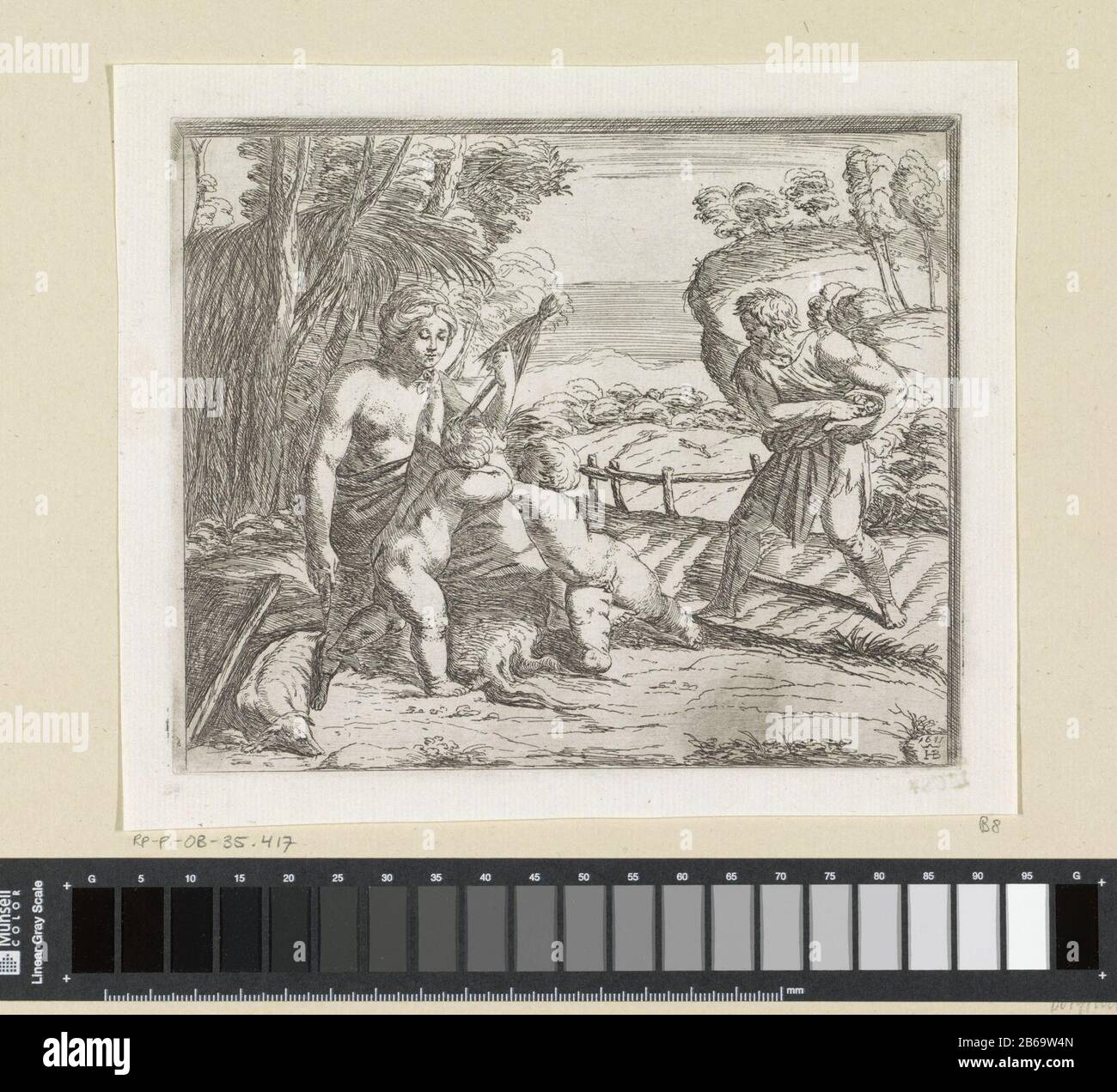 Adam en Eva met Kaïn en Abel werkend in een landschap. Manufacturer ...