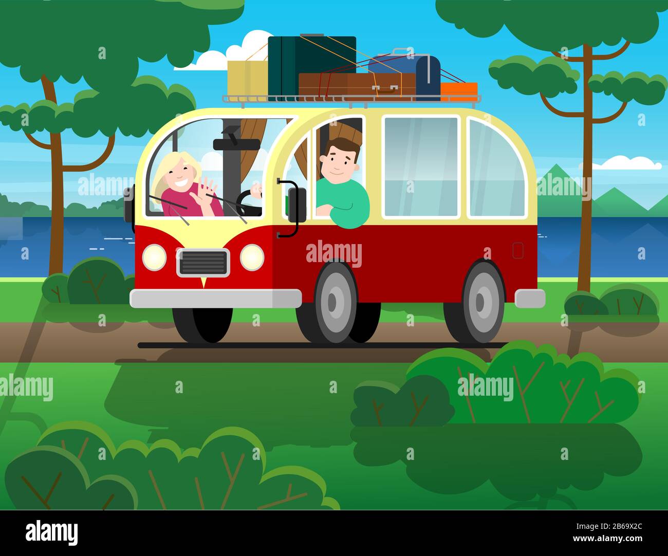 Family travel on a minivan; a man drives a car, a woman waves her hand ...