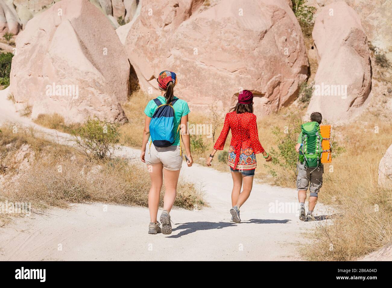 group of travelers walking by path trail in deserted landscape Stock ...