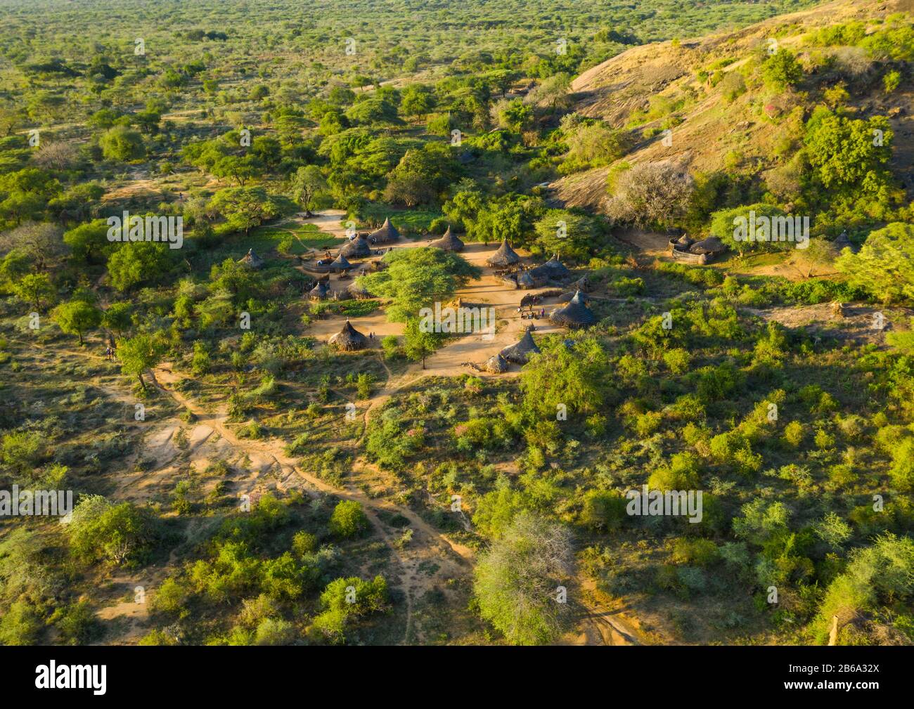 Aerial view of a Larim tribe village, Boya Mountains, Imatong, South ...