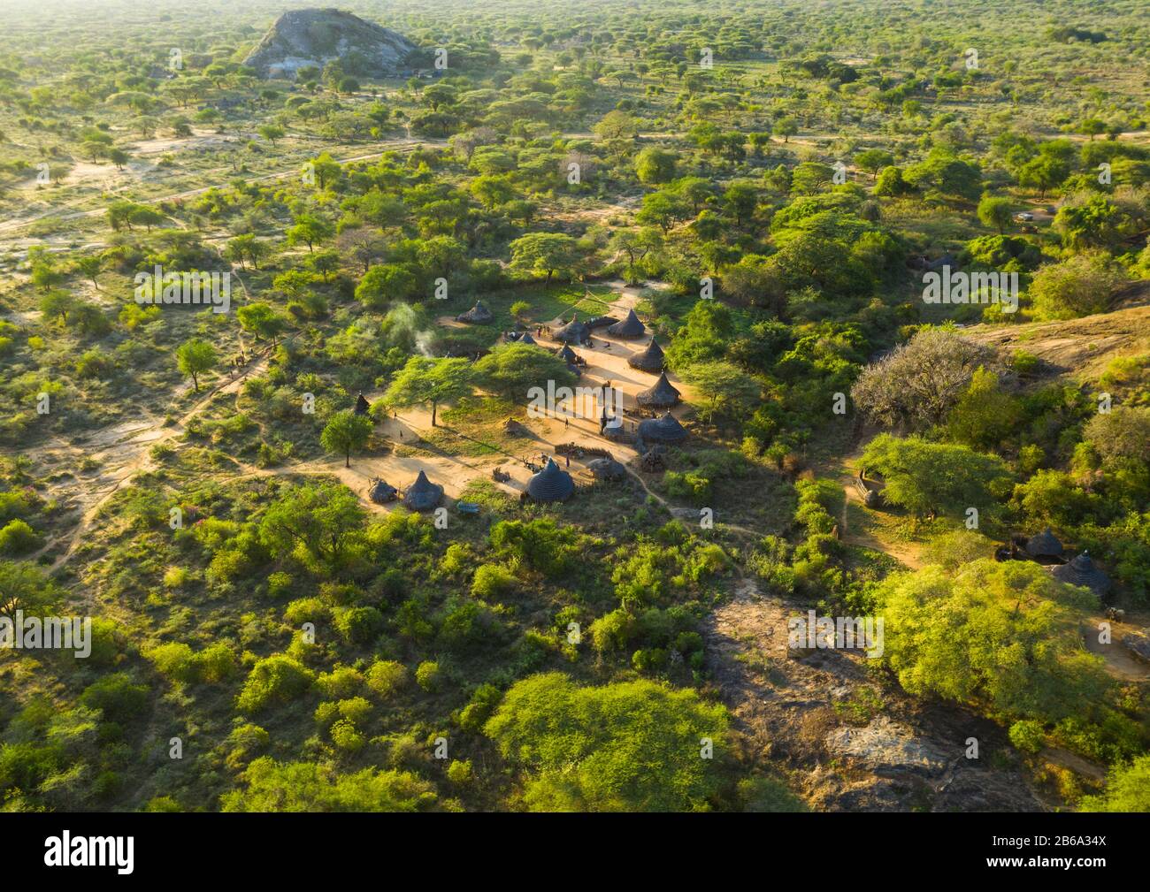 Aerial view of a Larim tribe village, Boya Mountains, Imatong, South ...