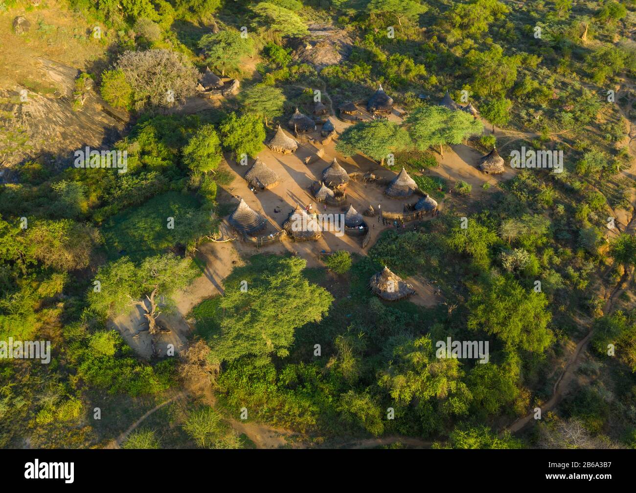 Aerial view of a Larim tribe village, Boya Mountains, Imatong, South ...