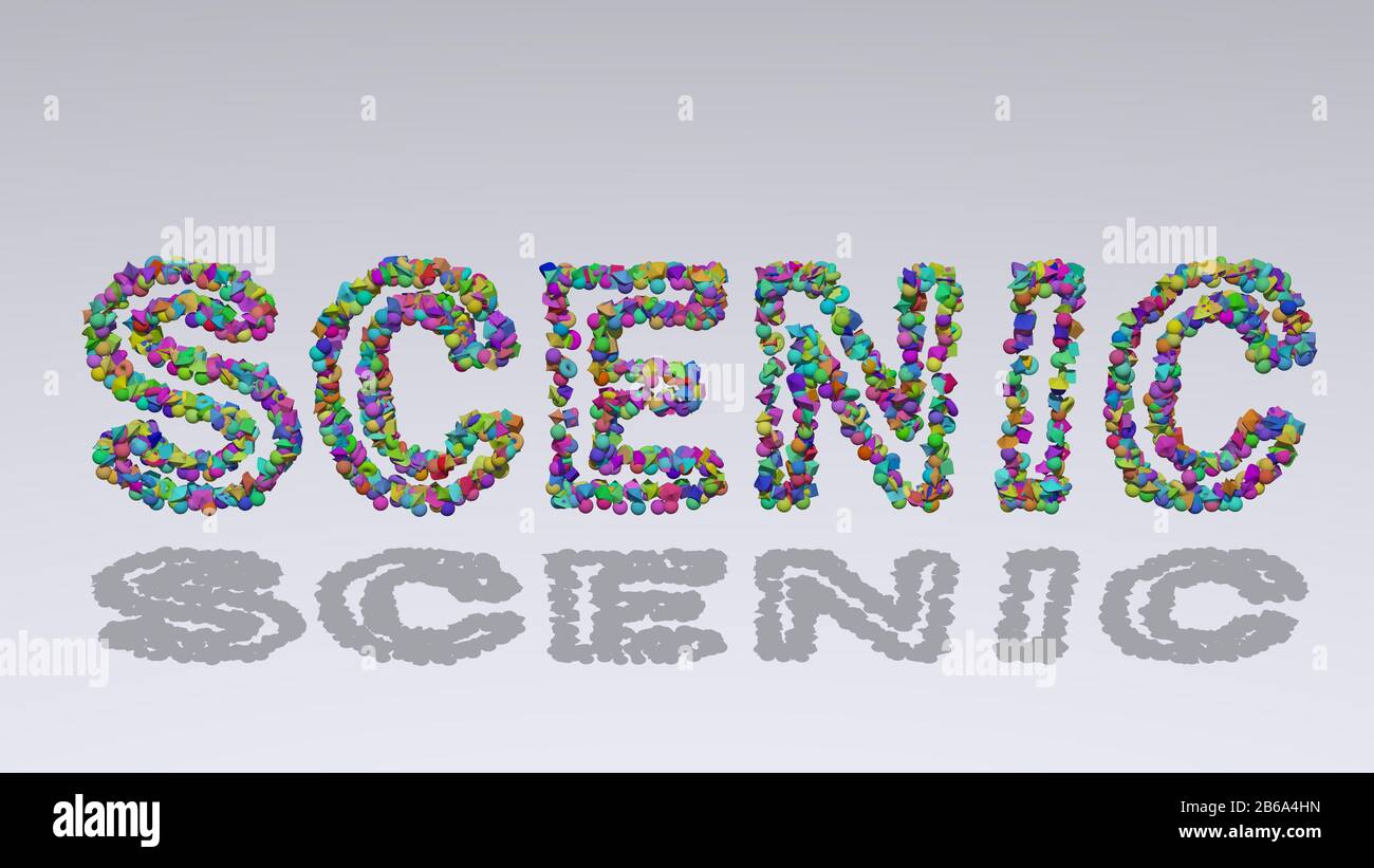 SCENIC written in 3D illustration by colorful small objects casting ...