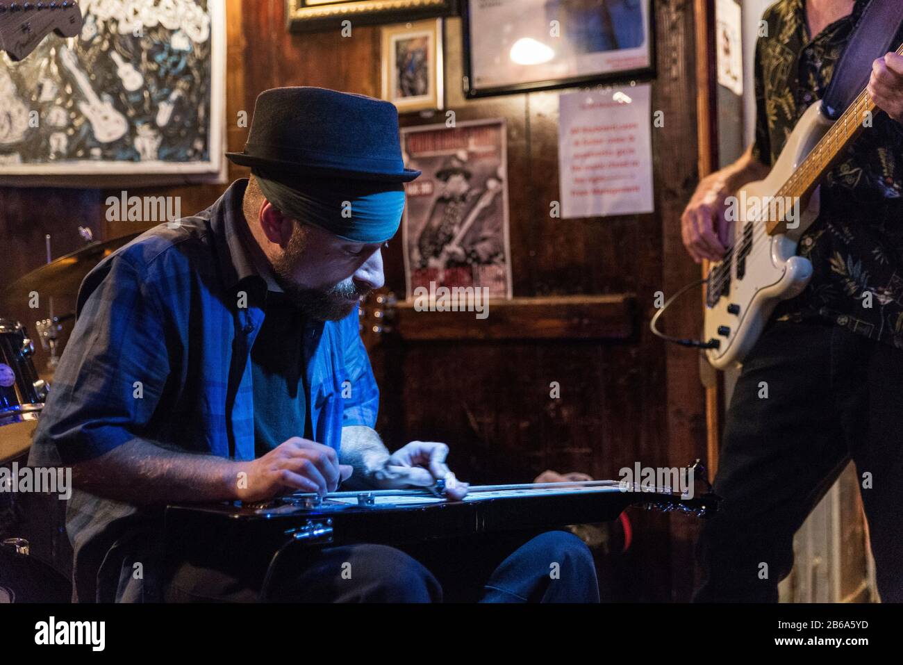 New York City, USA - August 4, 2018: Guitarist playing with its band in ...