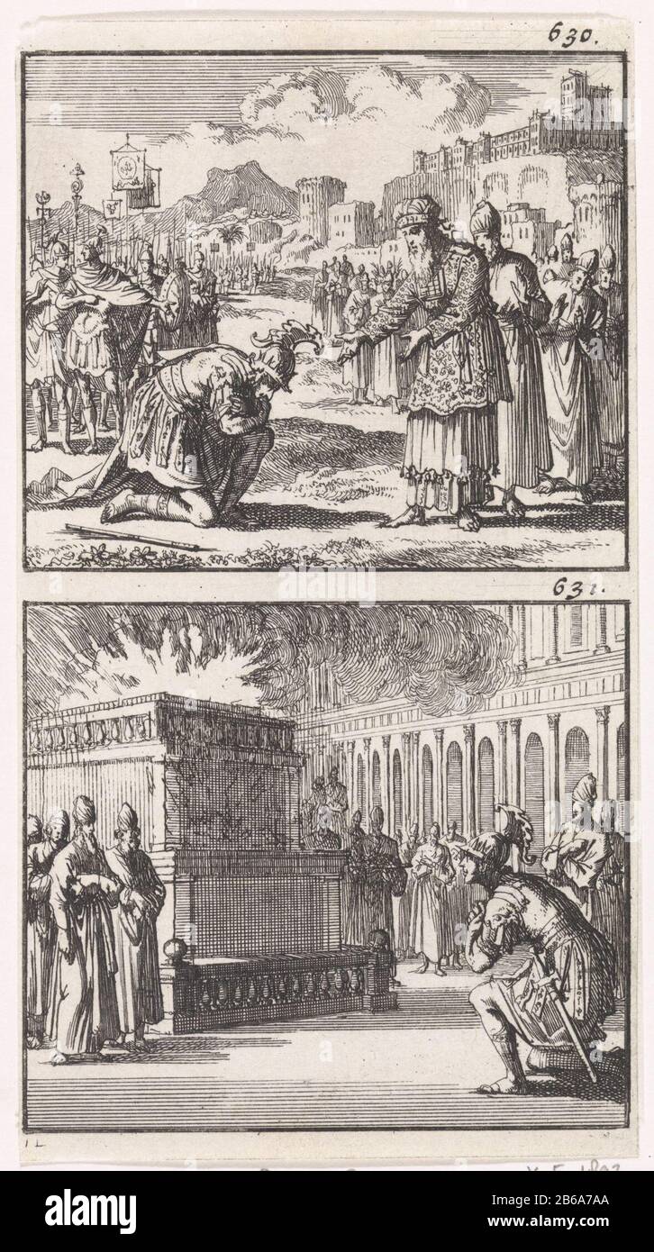 Alexander the Great kneels before the high priest kneels Jaddus ...