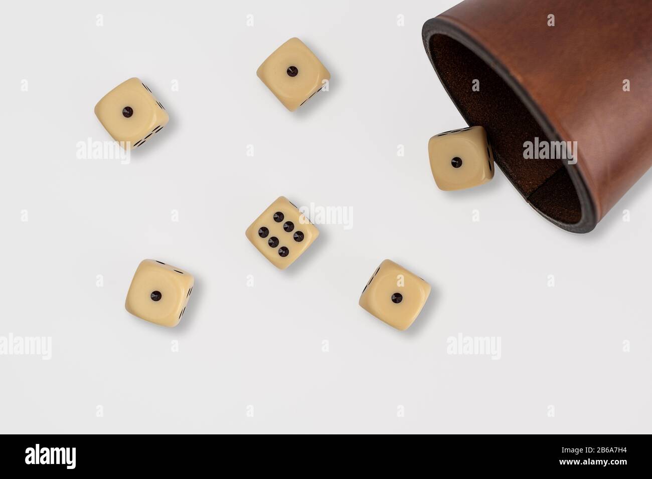 Leather cube cup with 5 ivory-colored cubes on a white background Stock ...