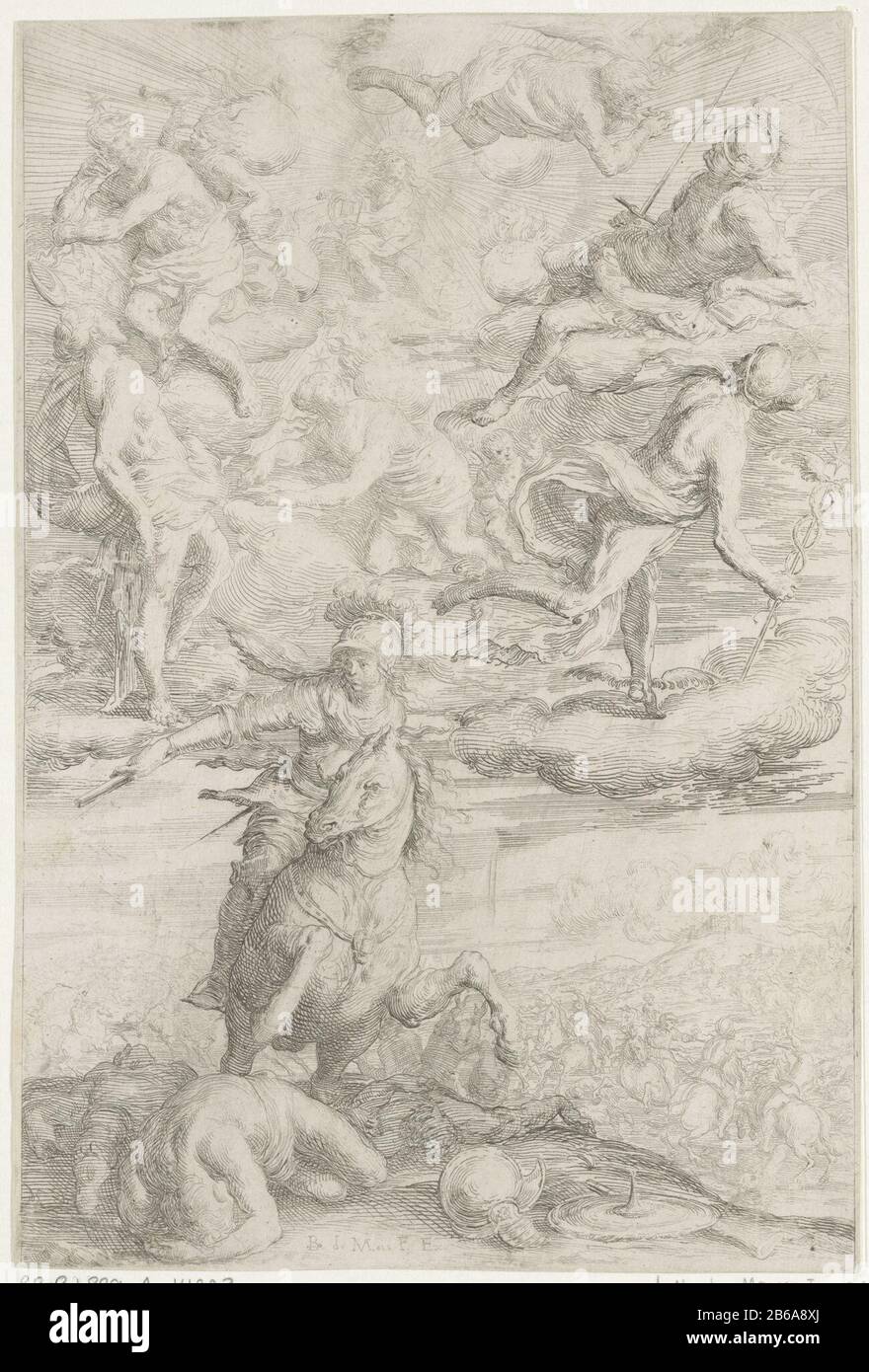 Allegory with general and gods A commander with baton in his right hand ...
