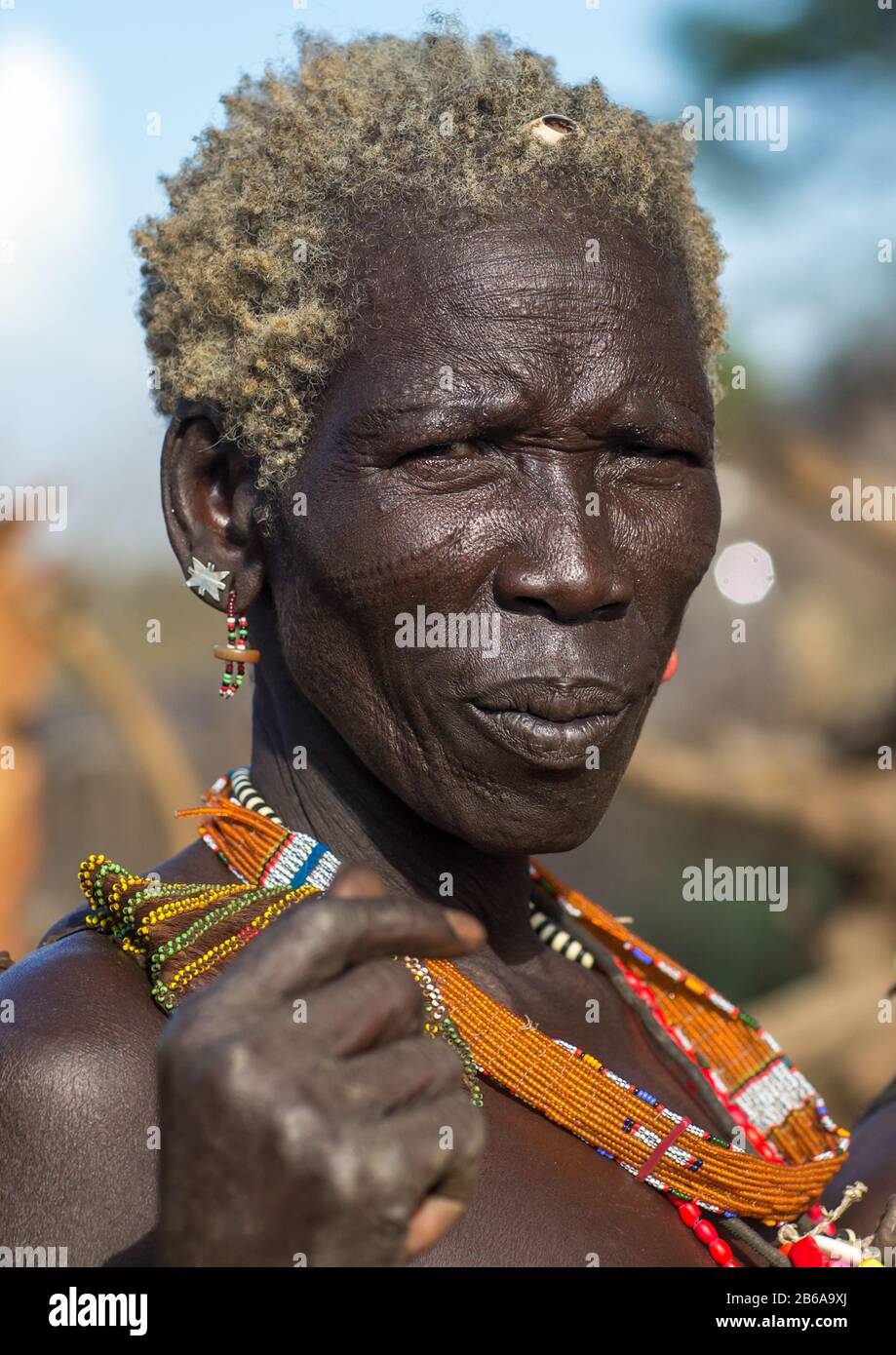 Portrait of a senior Toposa tribe woman, Namorunyang State, Kapoeta ...