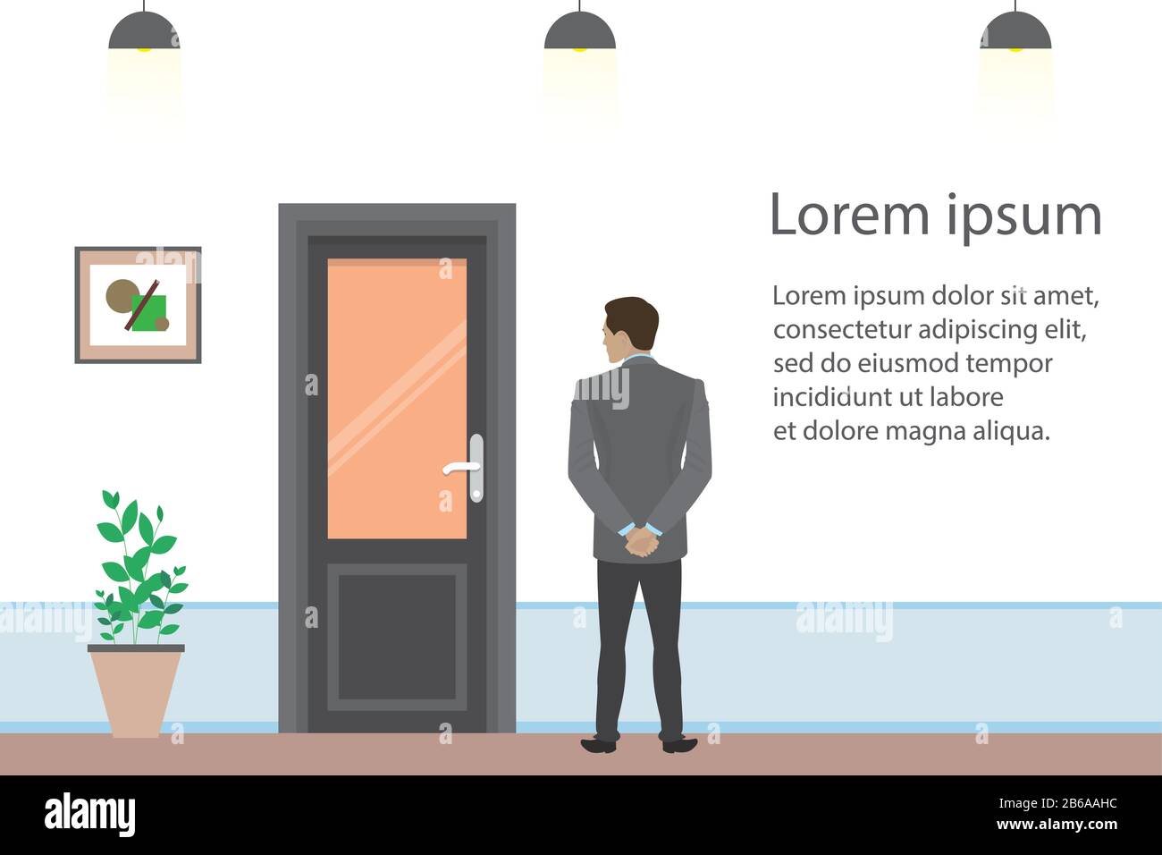 Cartoon businessman searching for job, interview candidate,door in ...