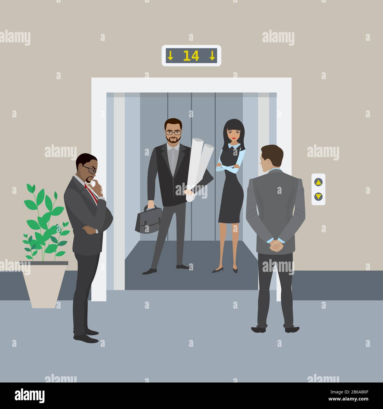 Cartoon business people in elevator and near, lift with open doors,flat ...