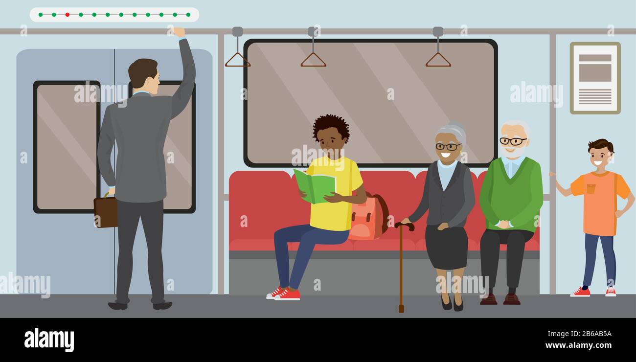 Cartoon Subway underground train car modern interior with commuting ...