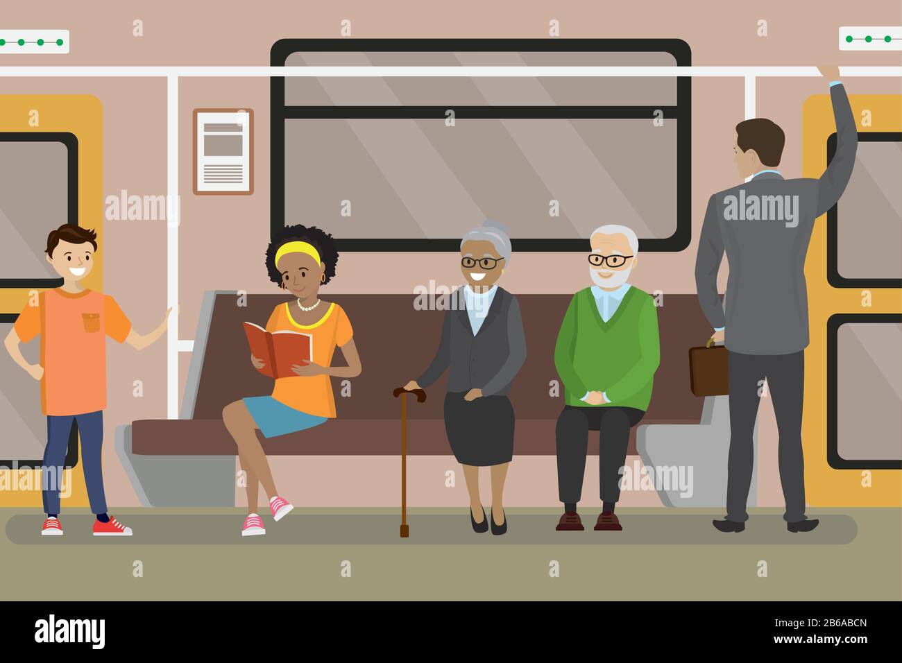 Cartoon Subway underground train car interior with commuting passengers ...