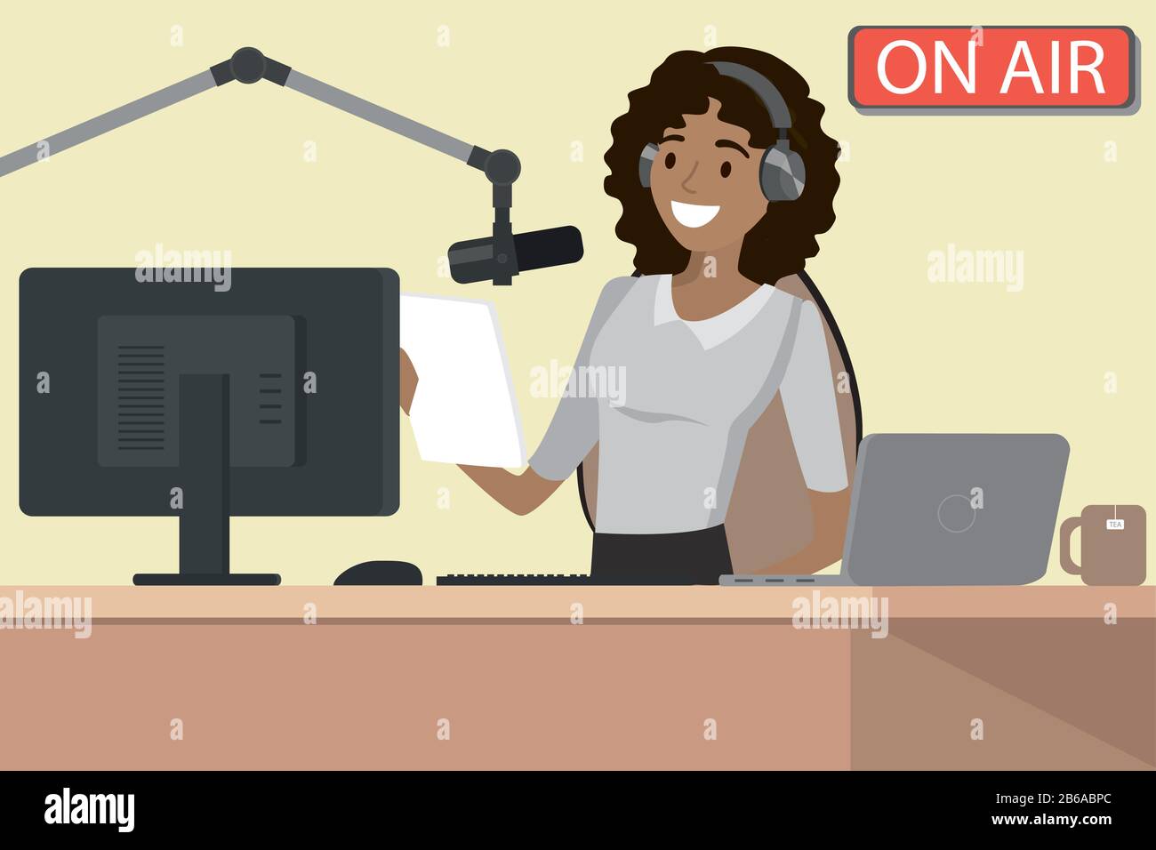 Broadcasting radio host speaks into the microphone on the air,african ...