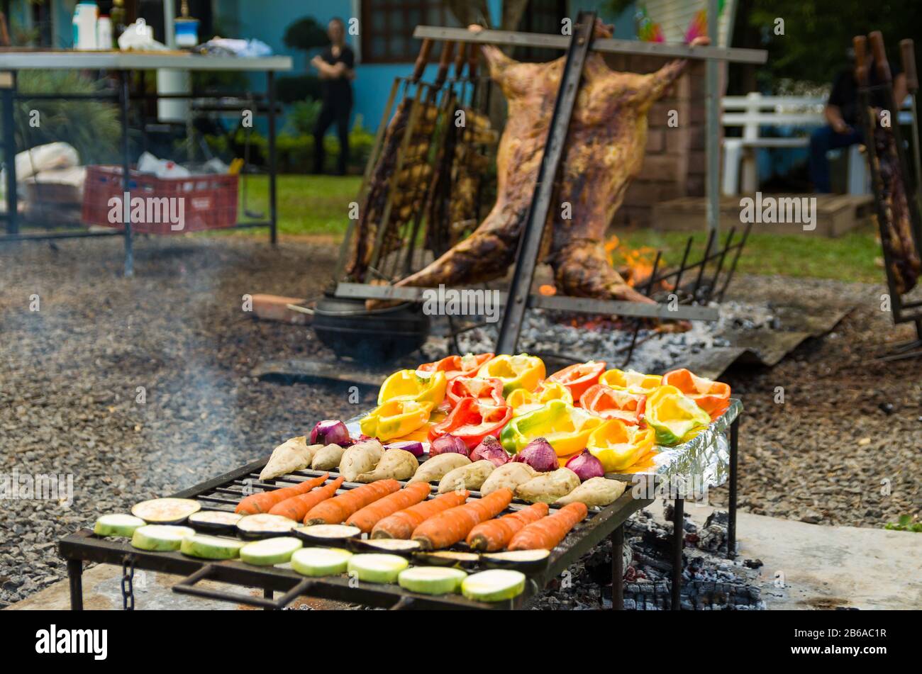 Meat and vegetable exhibition on a barbecue known as Parrilla. Typical ...
