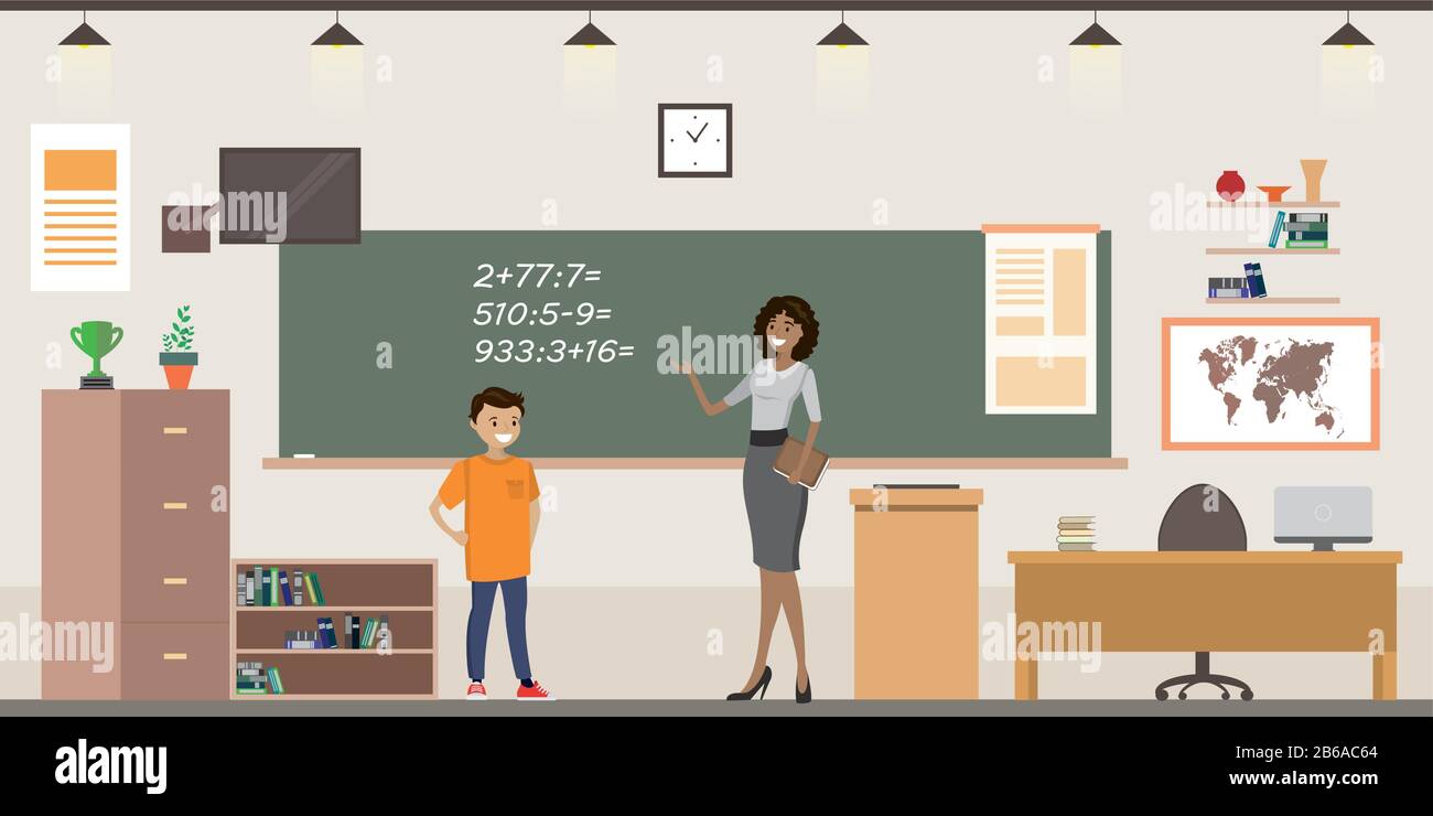 Cartoon School classroom interior,African american female Teacher and ...