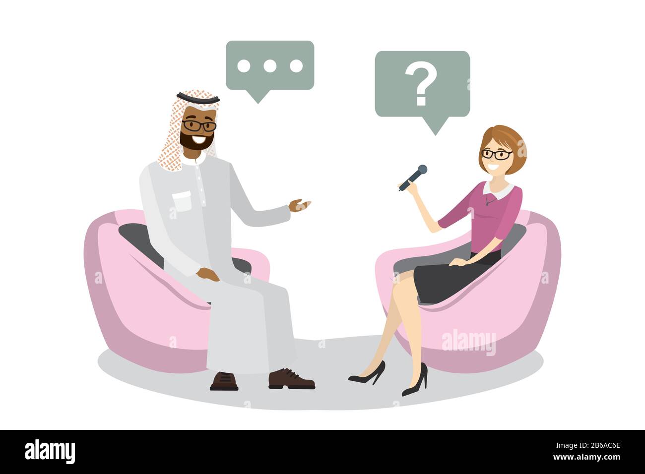 beautiful caucasian woman reporter interviews a arab businessman in ...