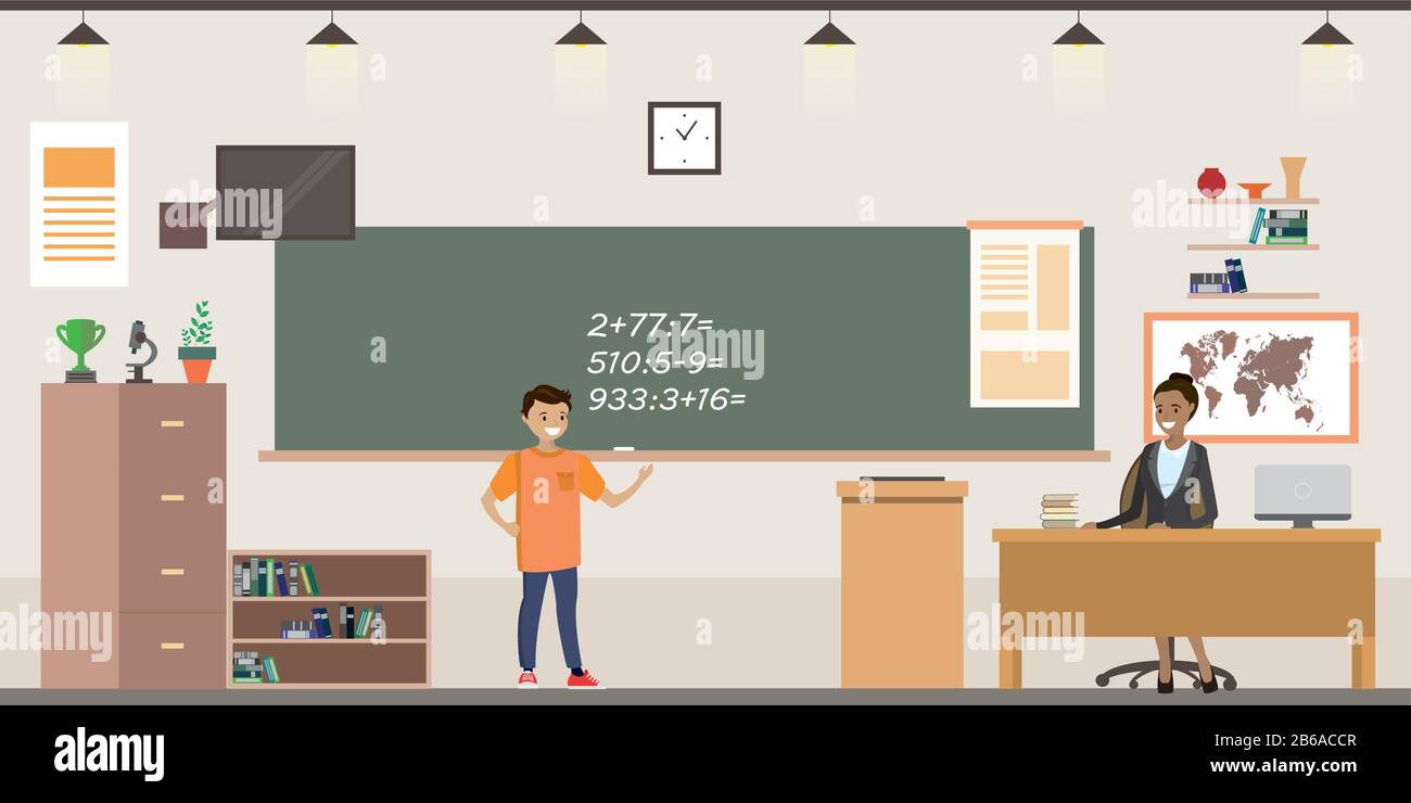 Cartoon School classroom interior,Caucasian student in the class at the ...