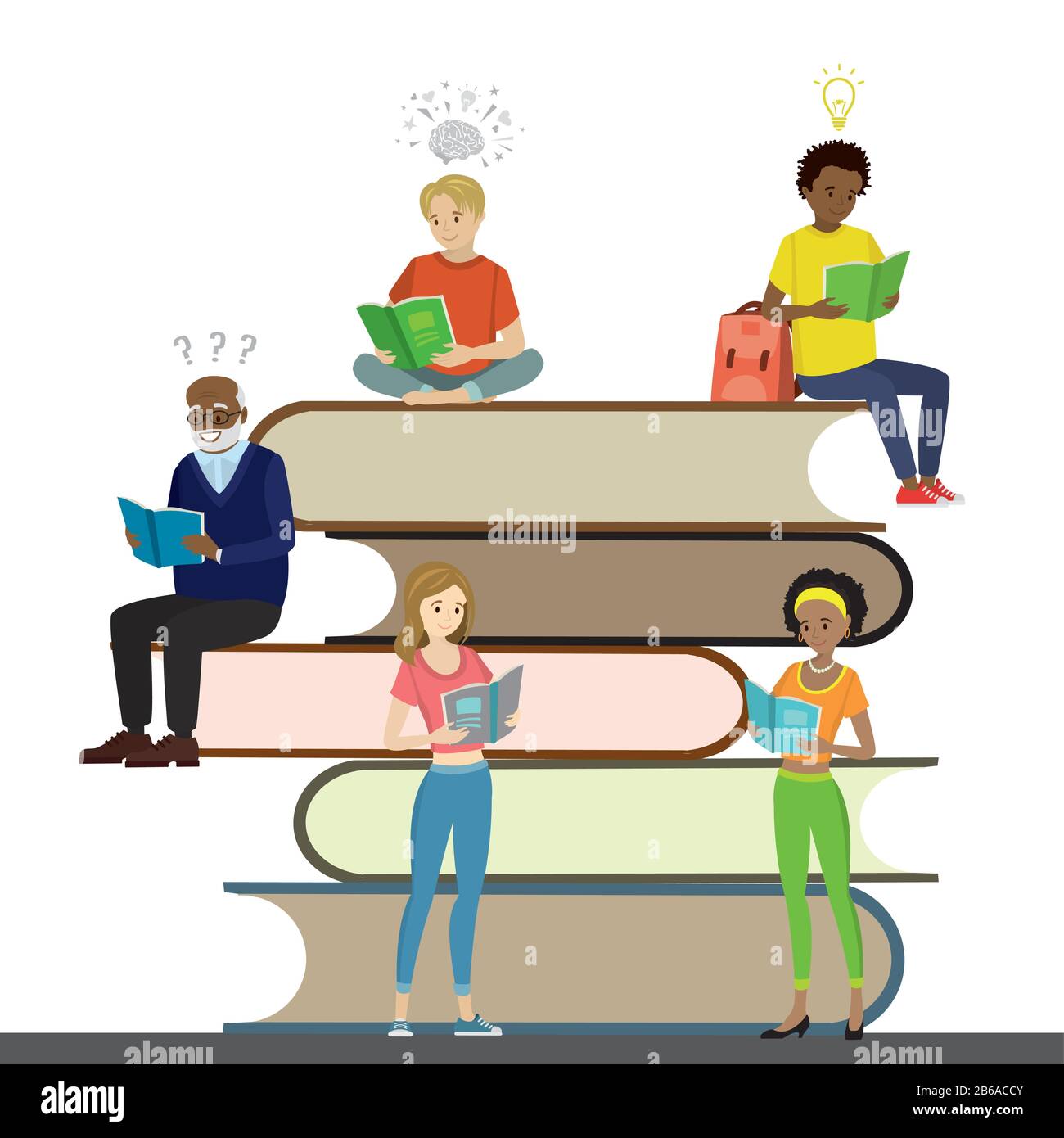 Cartoon people different races read books,learning process,flat vector ...