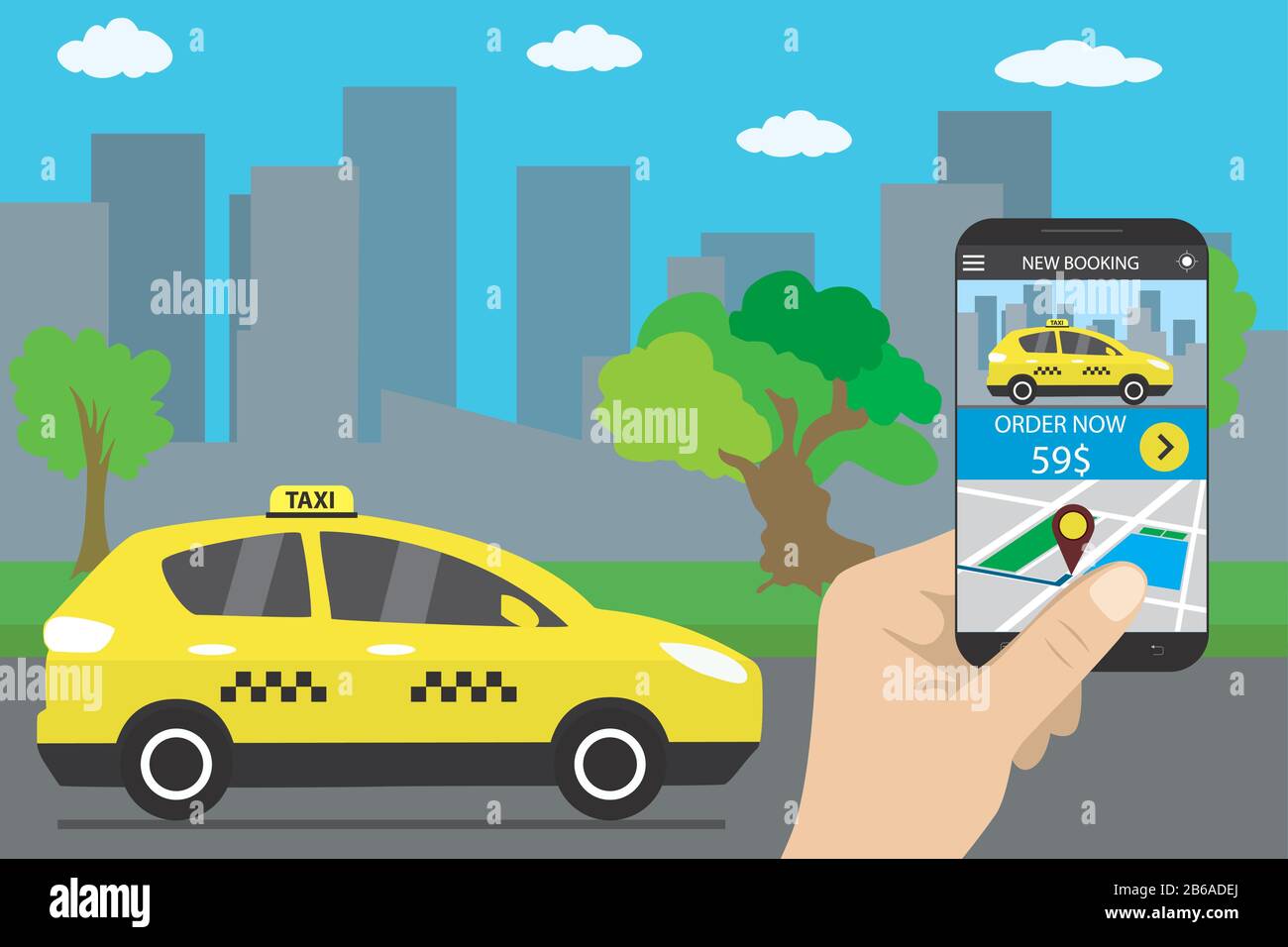 Taxi in the street of a modern city,taxi service app on mobile screen ...