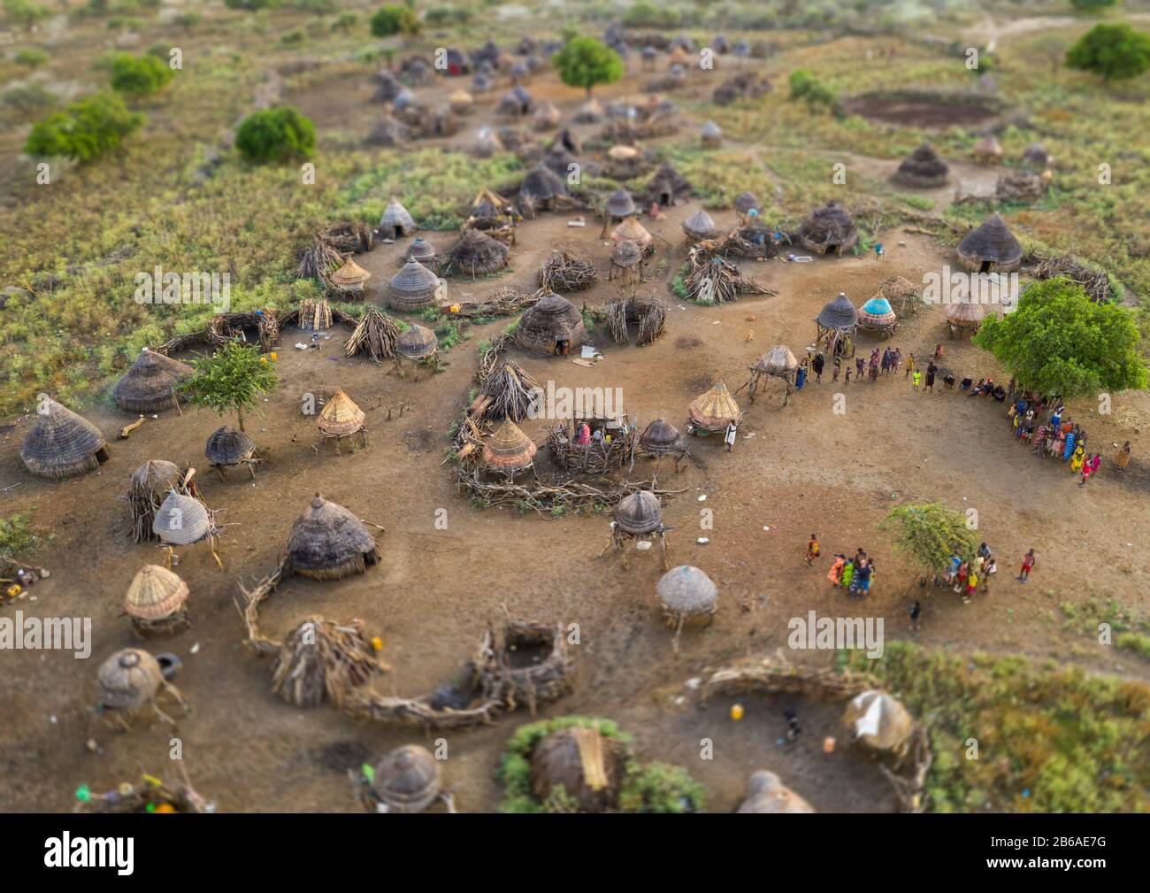 Aerial view of a traditional Toposa tribe village, Namorunyang State ...