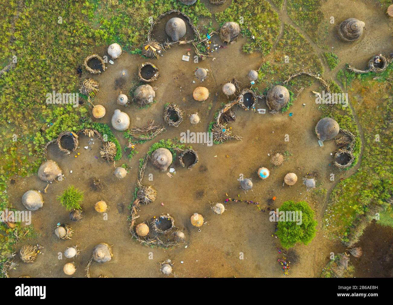 Aerial view of a traditional Toposa tribe village, Namorunyang State ...