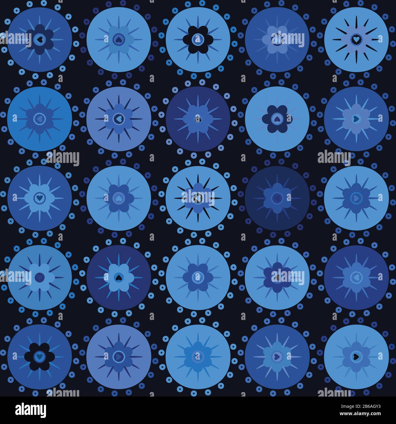 Indigo blue heart polka dot vector seamless pattern. Hand drawn dotty ...