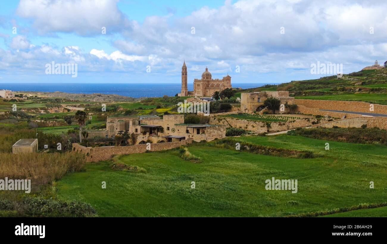 Aerial view over Basilica Ta Pinu in Gozo - a national shrine Stock ...