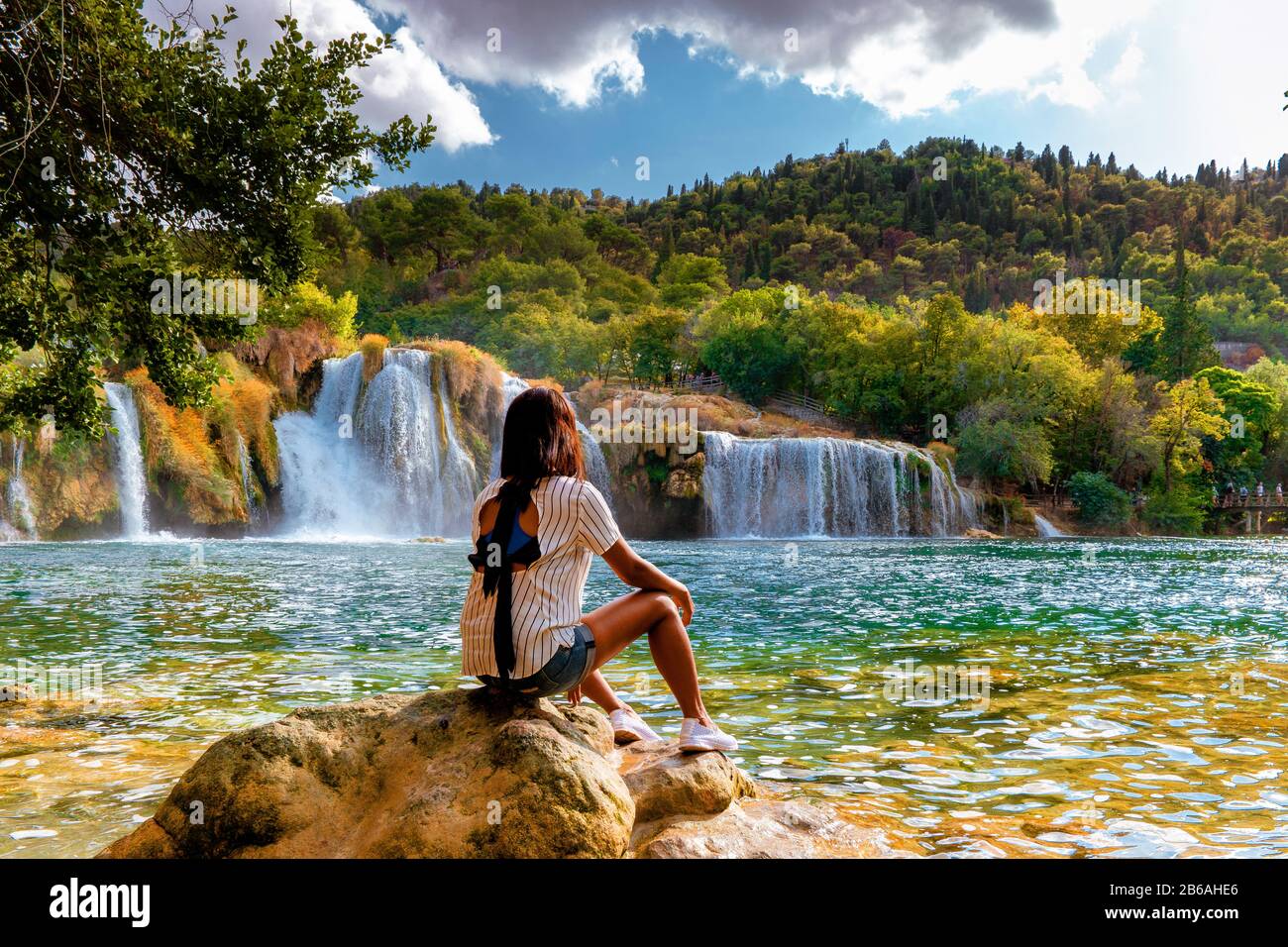 KRK waterfalls, woman watching waterfall Croatia Krk national park ...
