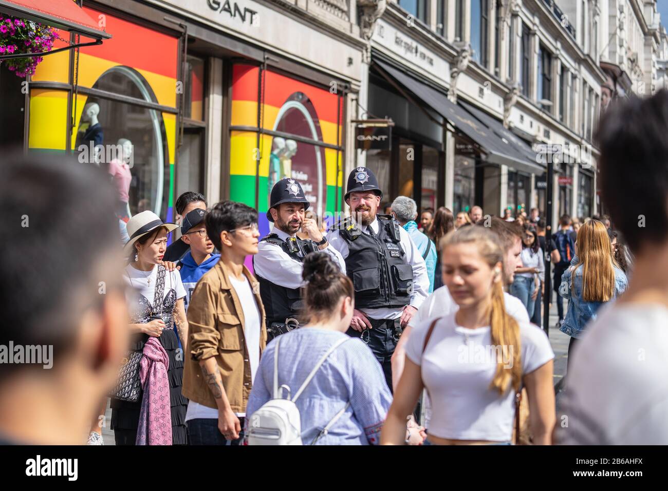London, UK, July, 2019. Two British Police officers patrolling the ...