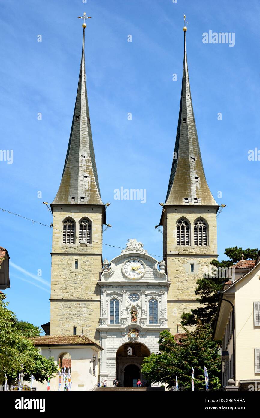 LUCERNE, SWITZERLAND - JULY 2, 2014: The Church of St. Leodegar ...