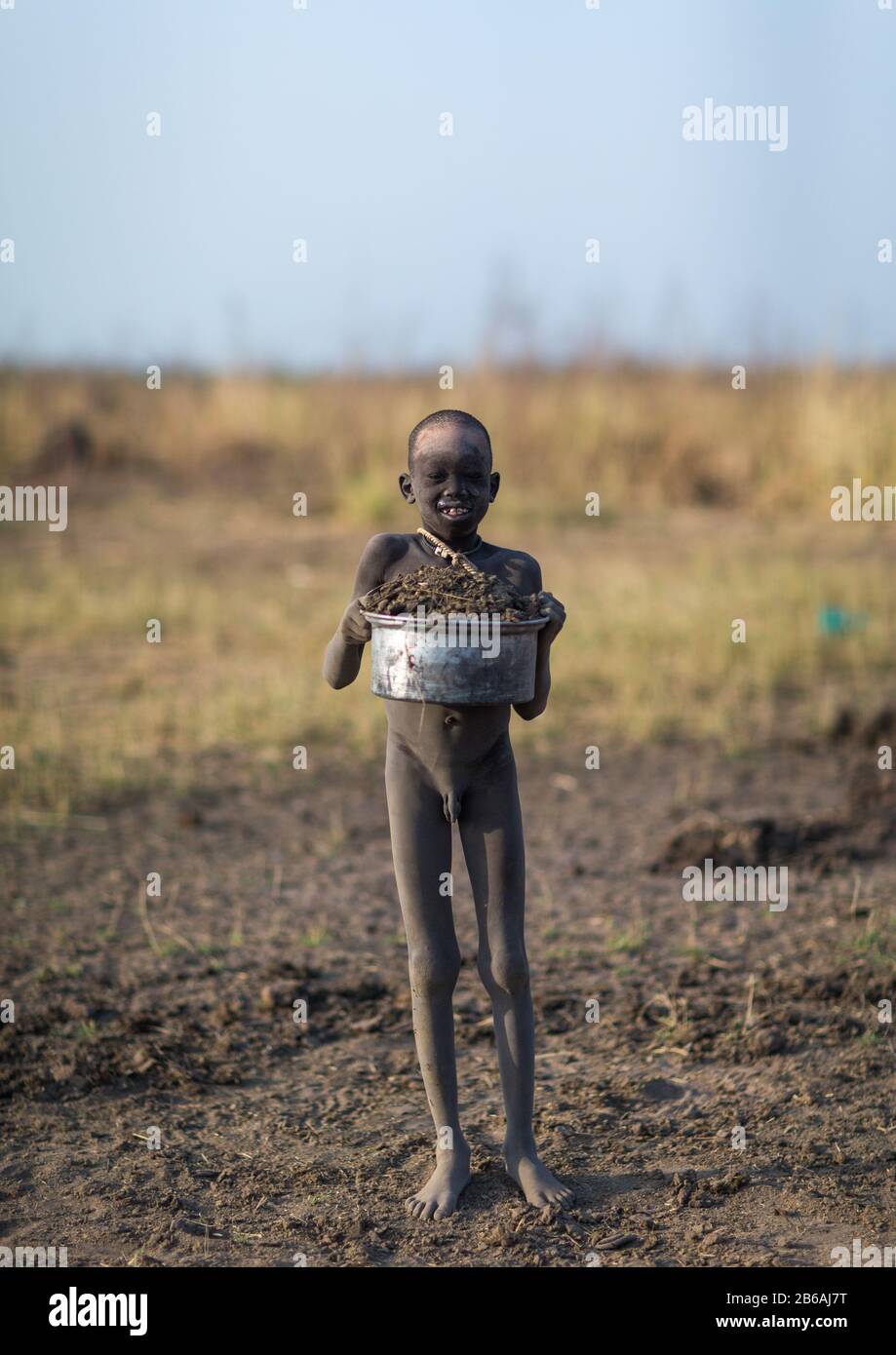 Mundari tribe boy collecting dried cow dungs to make bonfires to repel ...