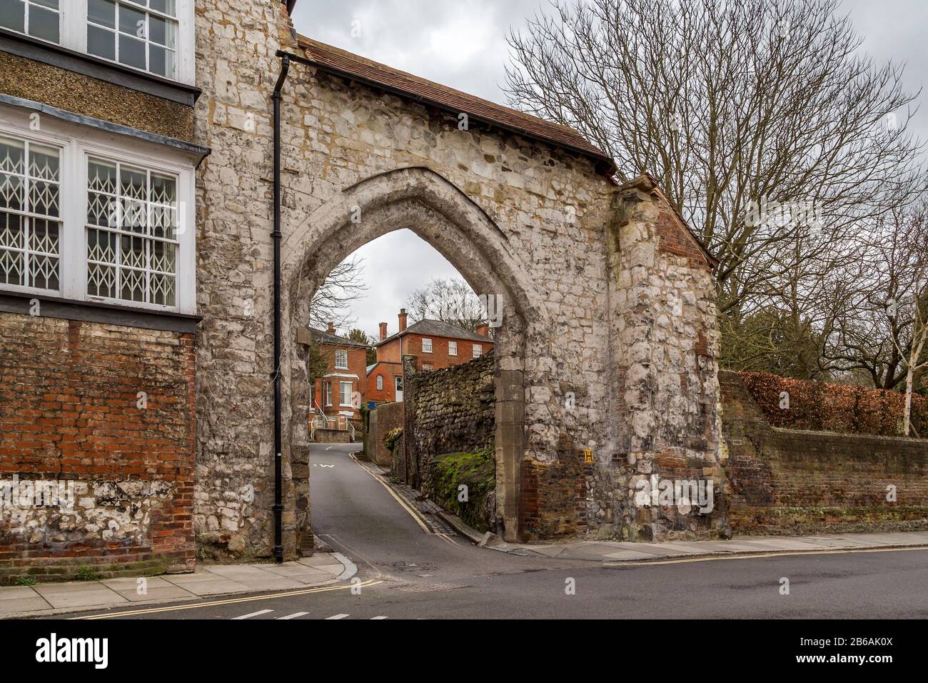 A view up Castle Hill through Castle Arch. The ancient stone archway is ...