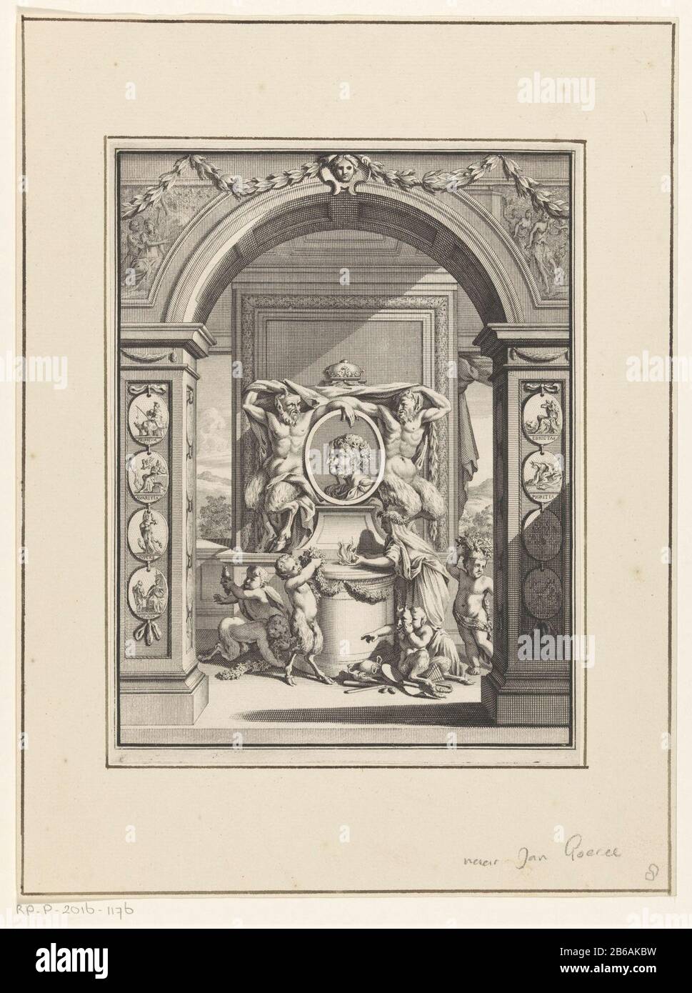 Allegorische performance with satyrs in portrait medallion and altar ...