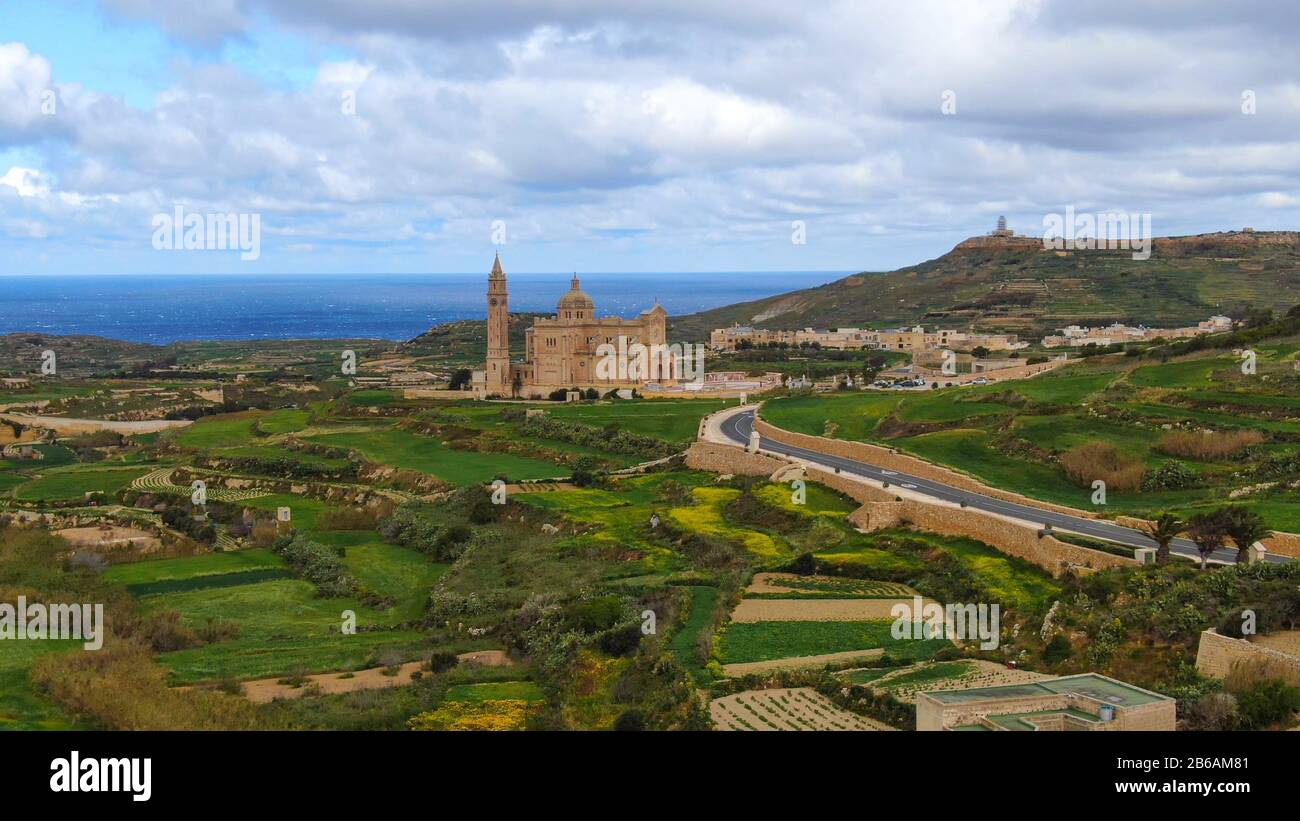 Aerial view over Basilica Ta Pinu in Gozo - a national shrine Stock ...