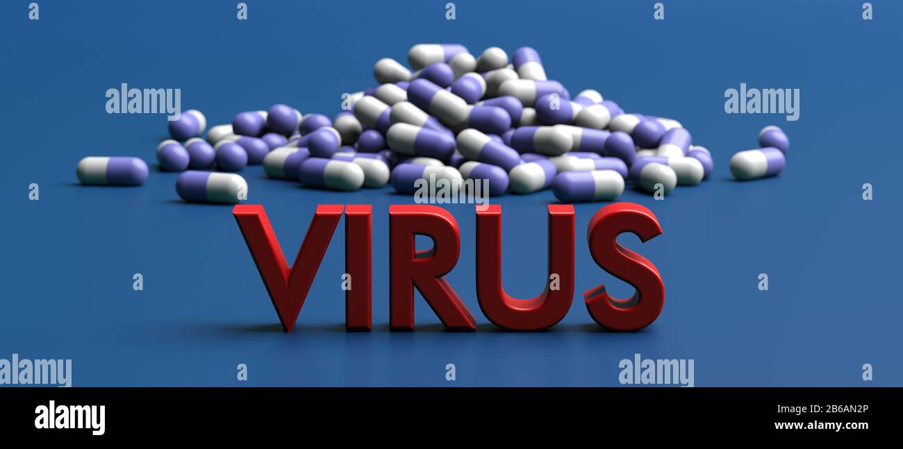 Virus medication. Medicine capsules, virus infection therapy concept ...