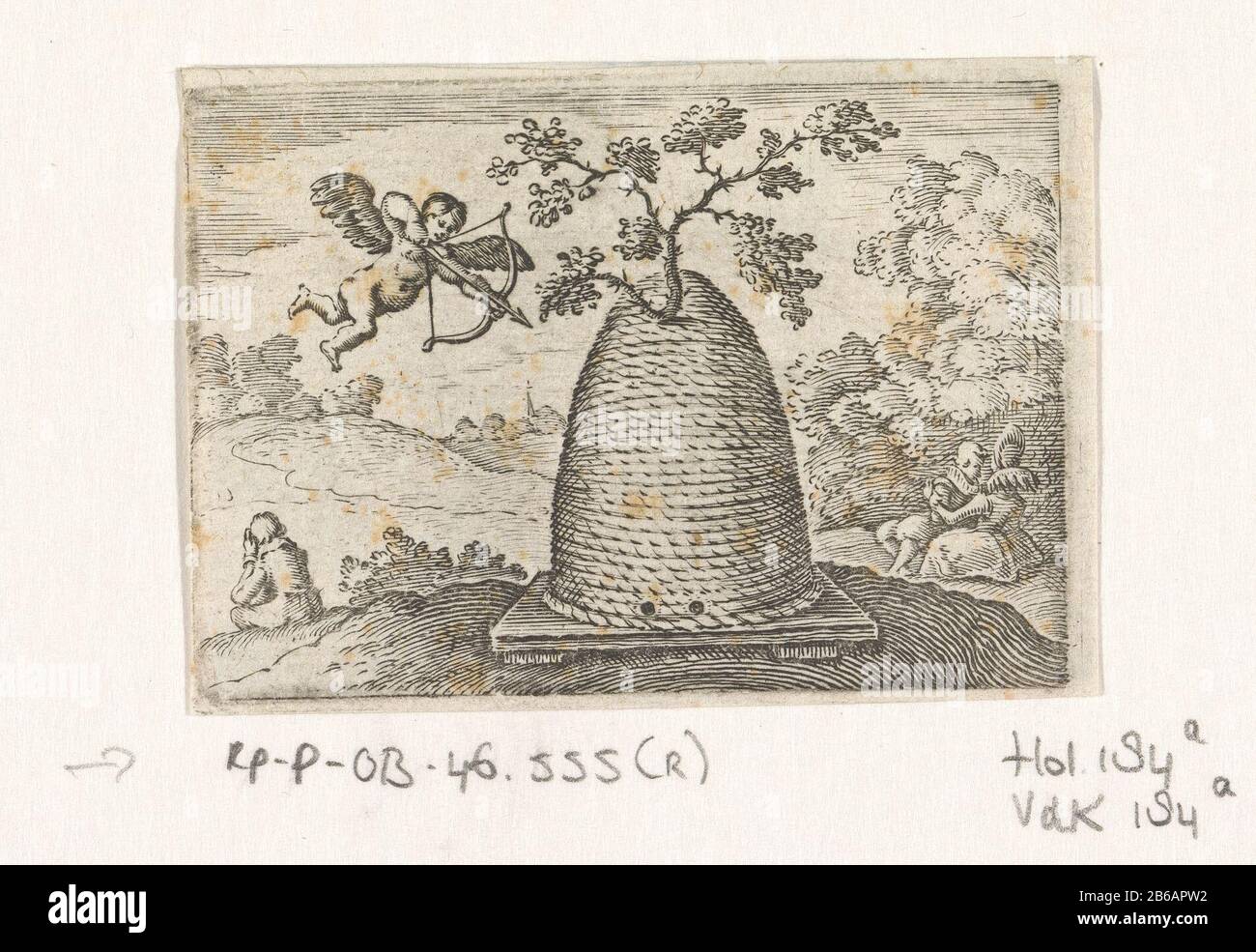 Amor at a beehive Love Patches (series title) Amor vliegt met pijl en ...