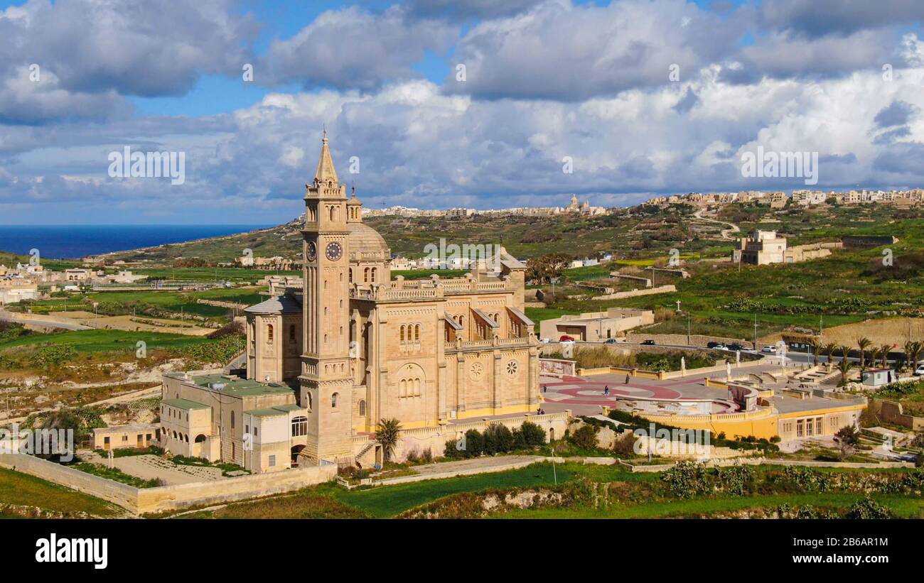 Amazing church on Gozo - Ta Pinu National Shrine from above Stock Photo ...