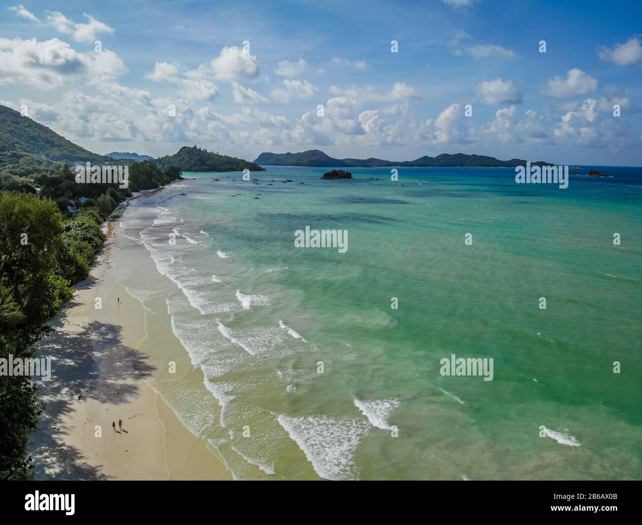 Praslin tropical island Seychelles, drone view above tropical Island ...