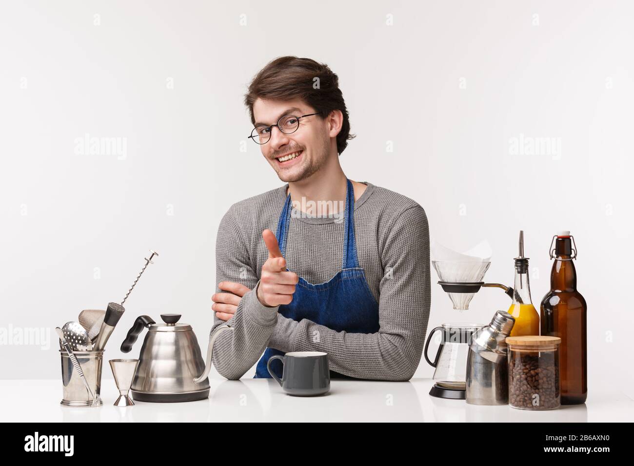 Barista, cafe worker and bartender concept. Portrait of cheeky ...