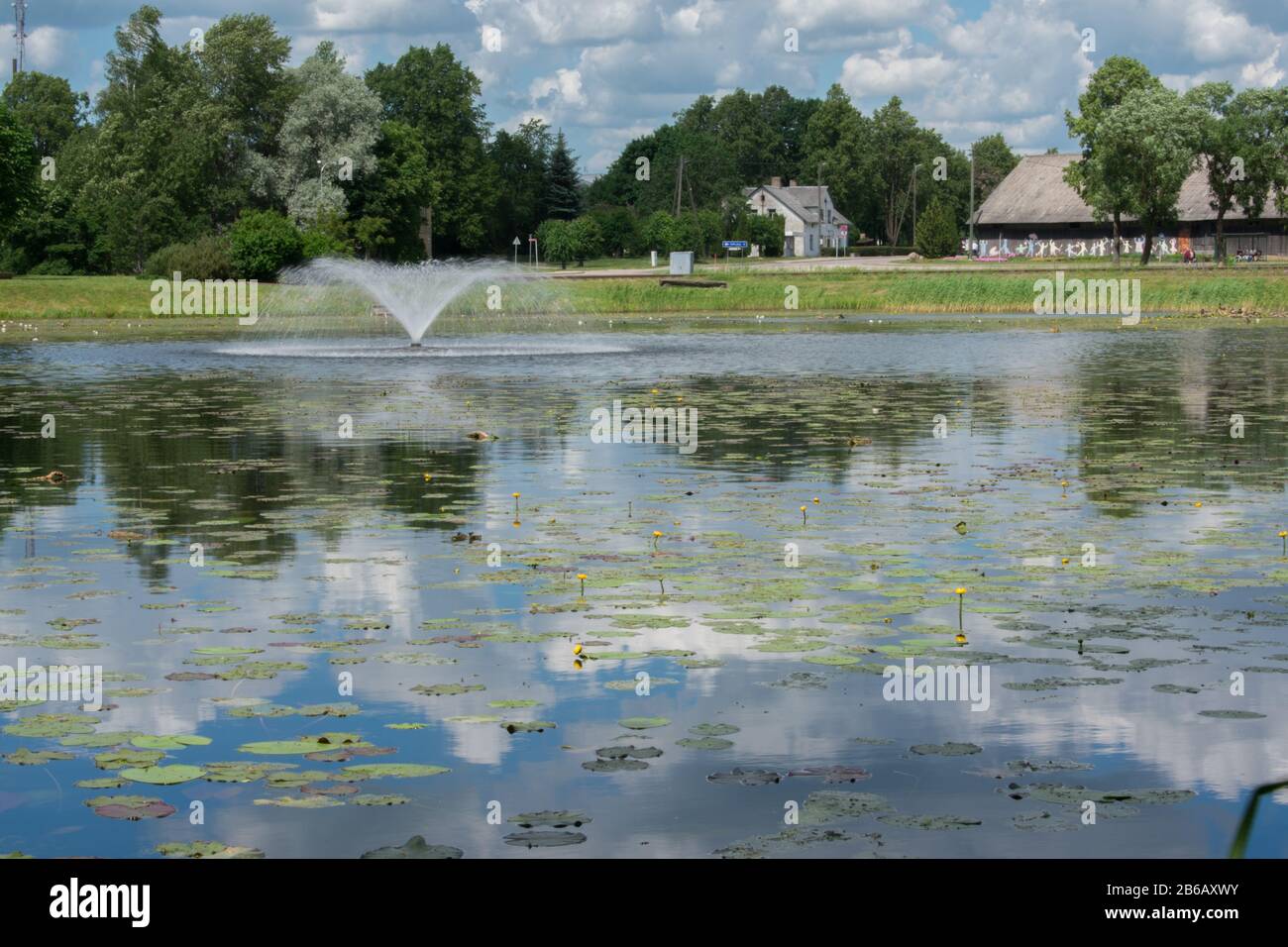 Fountain with splashing water in a pond with green trees and grass ...
