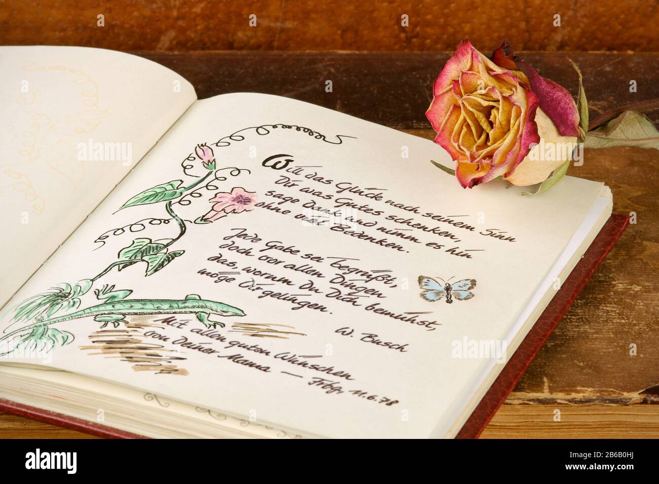 Poetry album with old book and rose Stock Photo - Alamy