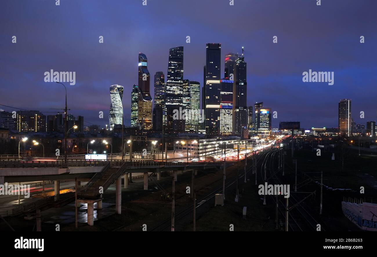 Moscow, Russia Jan 20th 2020: City landscape with many railroad tracks ...