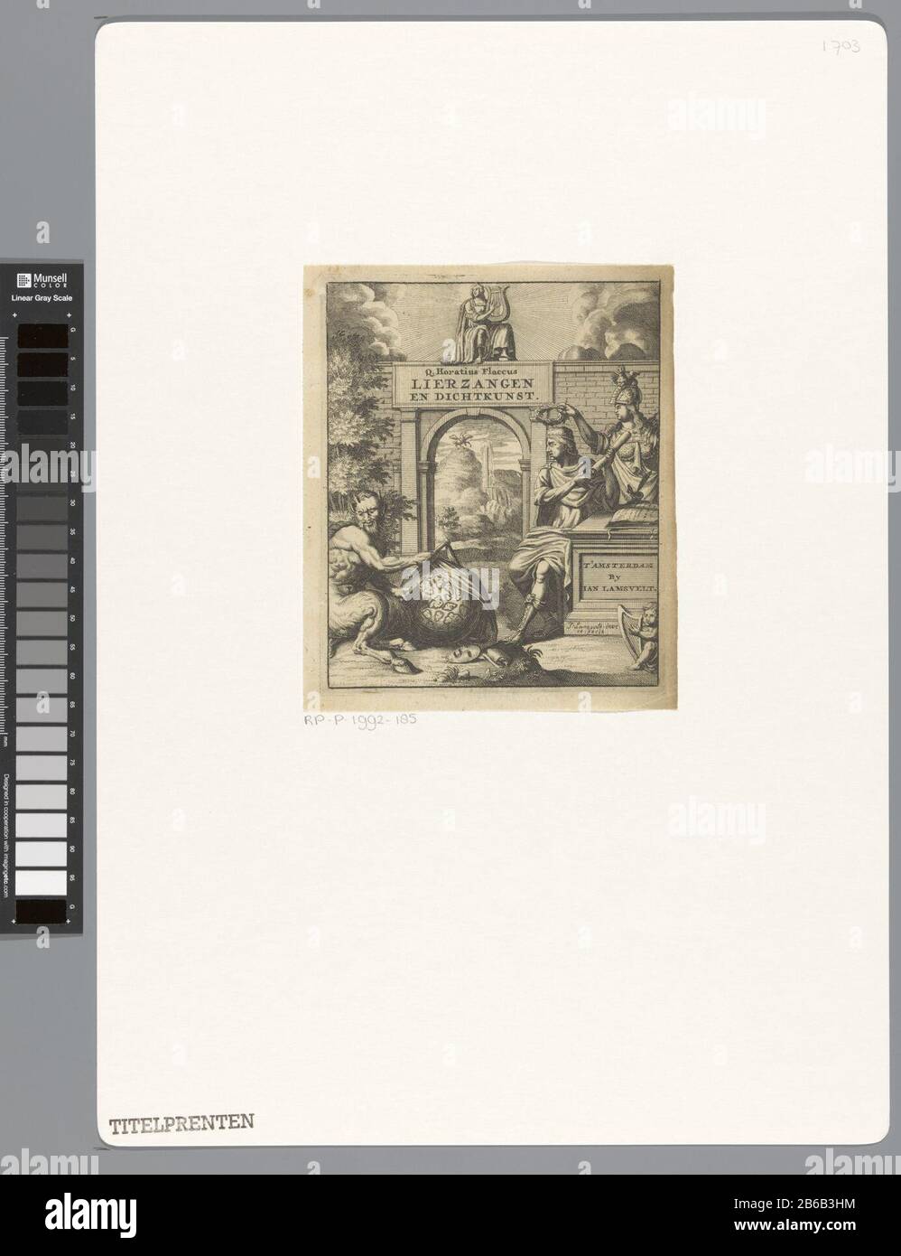 Apollo playing on lyre and man honored by Minerva Title page for Horace ...