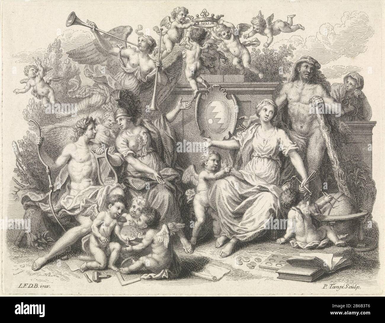 Apollo, Minerva, Justice and Hercules around a crest Apollo with his ...