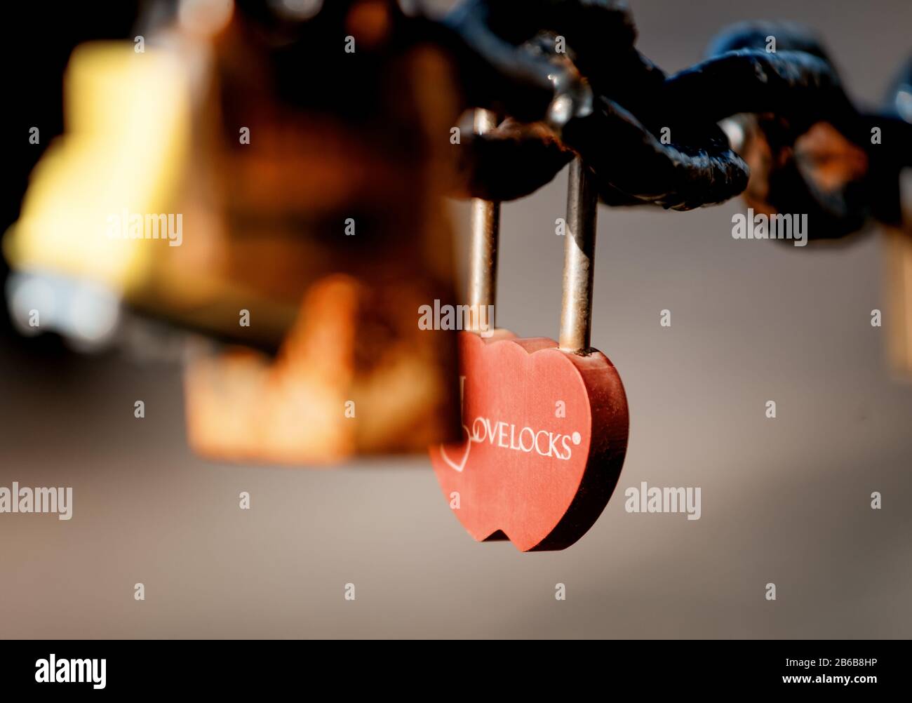 Closeup of a padlock hanging on chain link of the bridge / Fence Stock ...